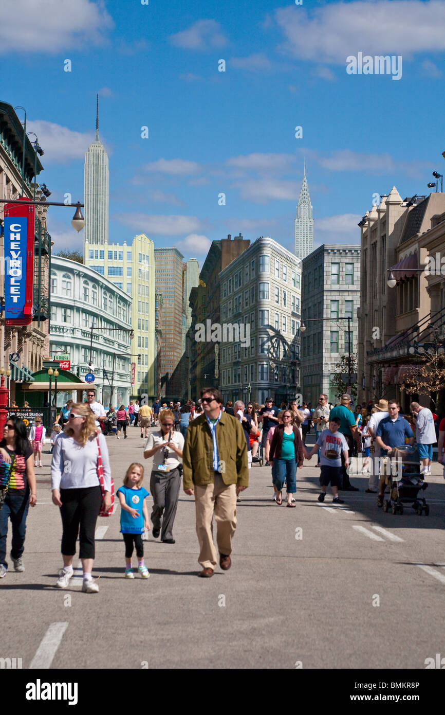 Park guests walk on streets of New York Street back lot set at Disney's ...