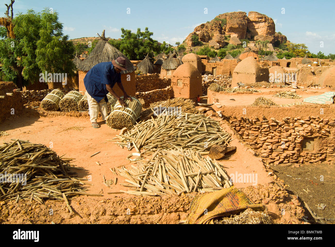 Africa, West Africa, Mali, Songo Village. Man organizing maize on a mud ...