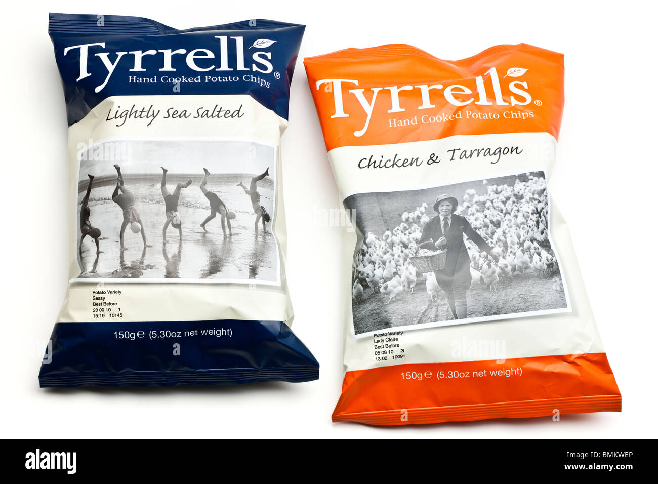 Two 150g large bags of Tyrrells flavoured hand cooked potato chips ...