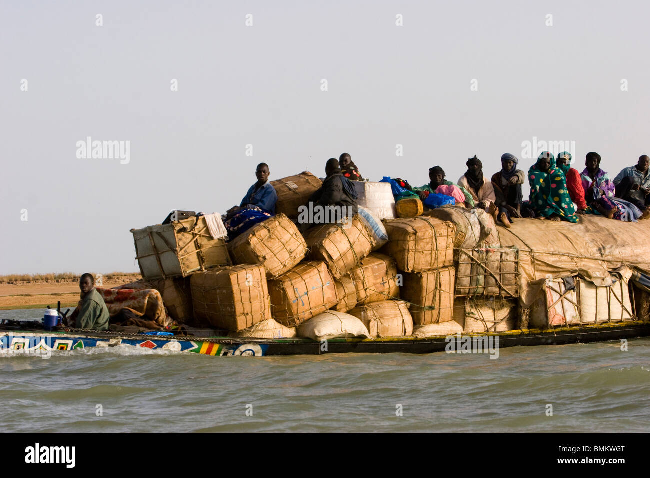 Mali, Mopti. Pinasse carrying cargo and passengers on the Niger River ...