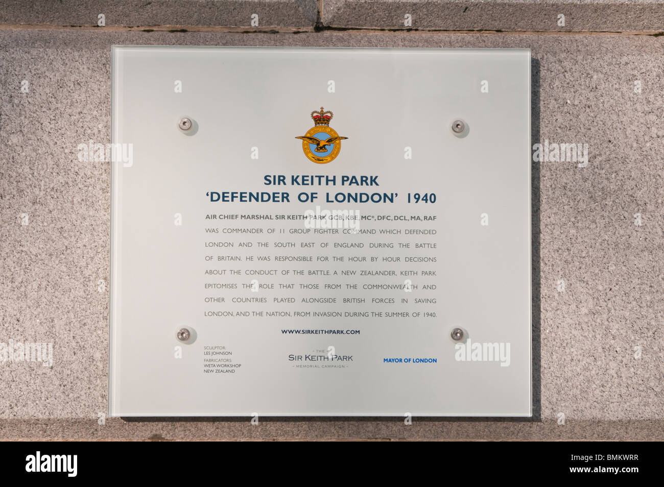 Plaque about Sir Keith Park, Defender of London, 1940, beneath statue ...