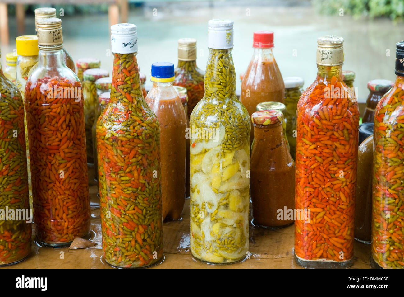 Mauritius, Port Mathurin. Bottled pickles for sale Stock Photo - Alamy