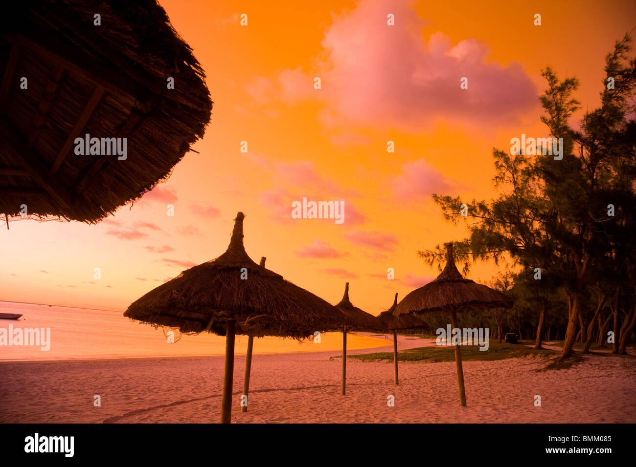 Palapa style beach huts at sunrise, Belle Mare Public Beach, Southeast ...