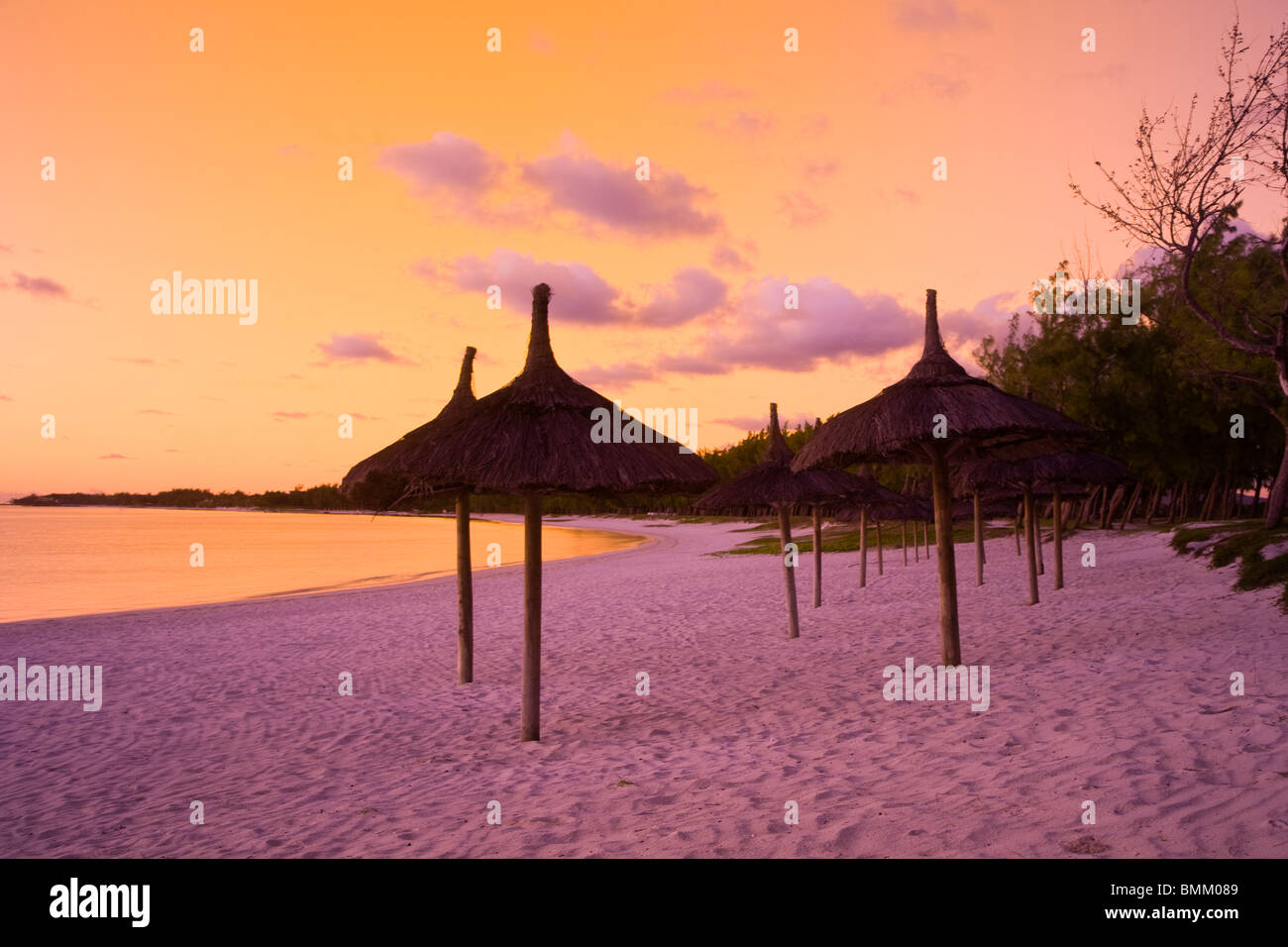 Palapa style beach huts at sunrise, Belle Mare Public Beach, Southeast ...
