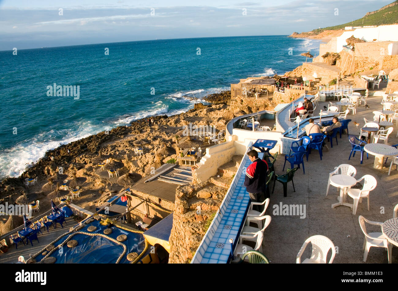Tangier Morocco cafe on the Atlantic Ocean at Hercules Cave Stock Photo ...