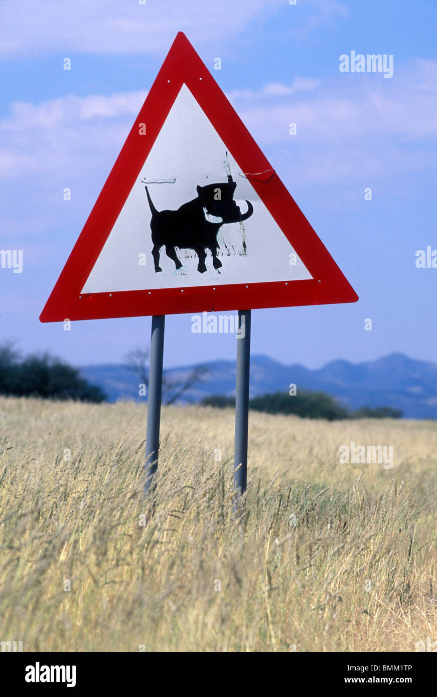 Namibia, Warthog Crossing sign along National Highway B1 north of ...