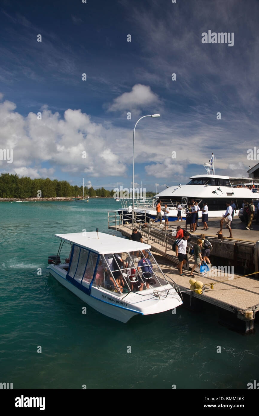 Seychelles, Praslin Island, Baie Ste-Anne, ferry jetty, small launch ...