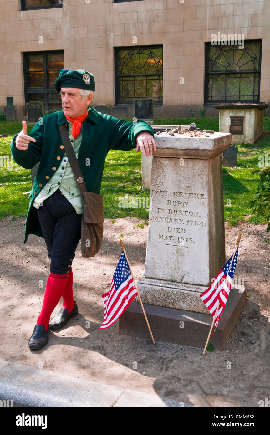 Docent in period costume at Paul Revere's grave in the Granary Burial ...
