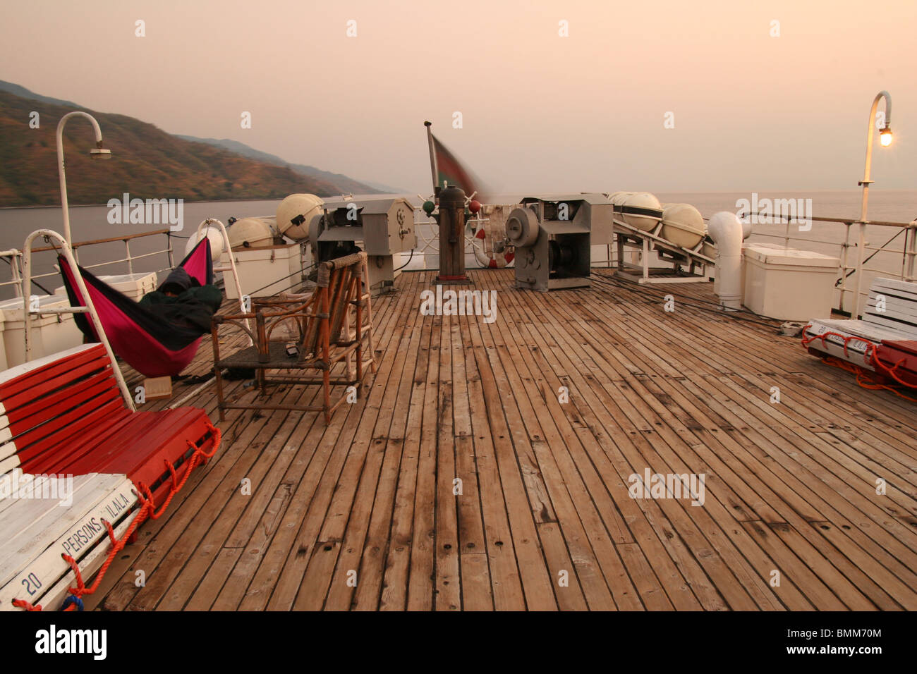 On the first class upper deck of the M.V Ilala ferry on Lake Malawi ...