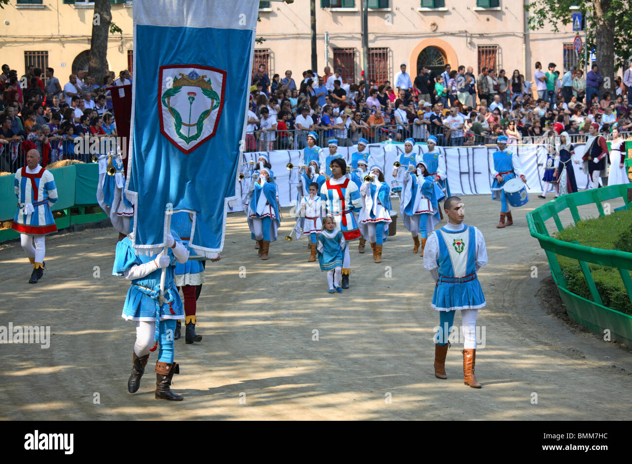 Flag throwers at traditional Ferrara's Palio, Ferrara, Italy Stock ...