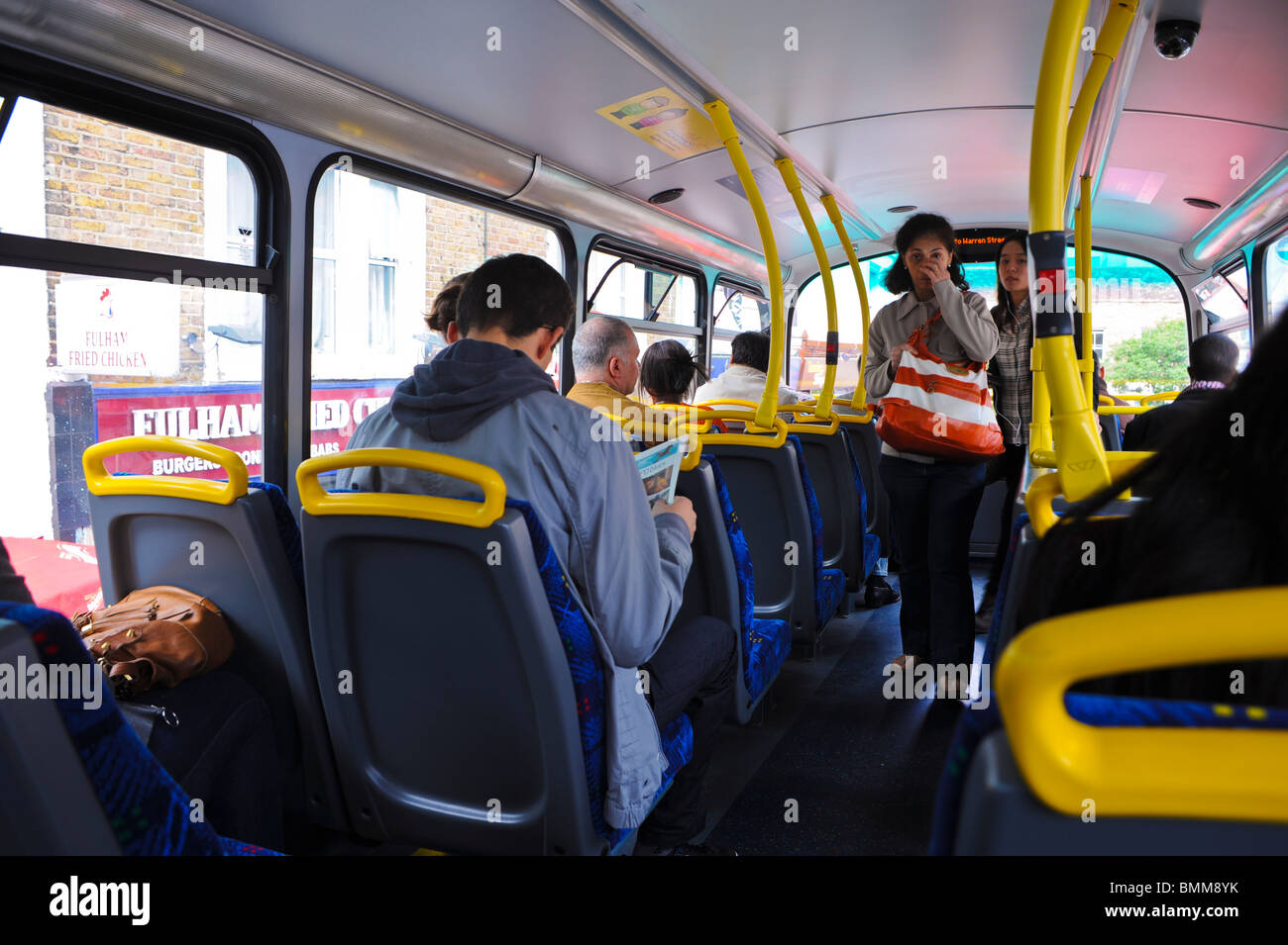 London UK, Public Double Decker Bus, Inside Small Crowd people sitting ...