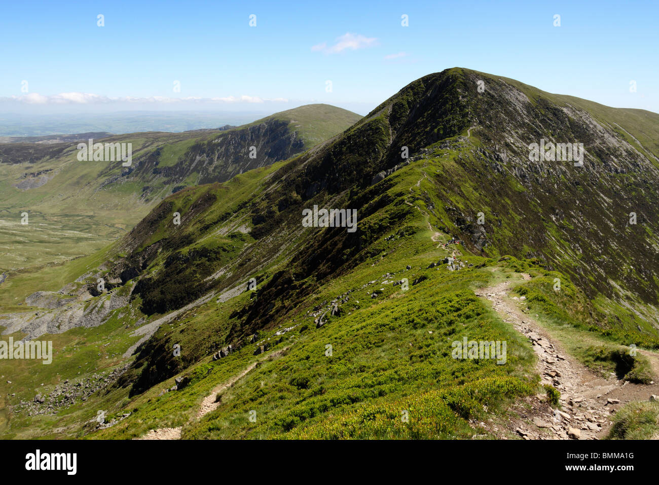 View across Bwlch Eryl Farchog to Pen yr Helgi Du and, beyond, to Pen ...