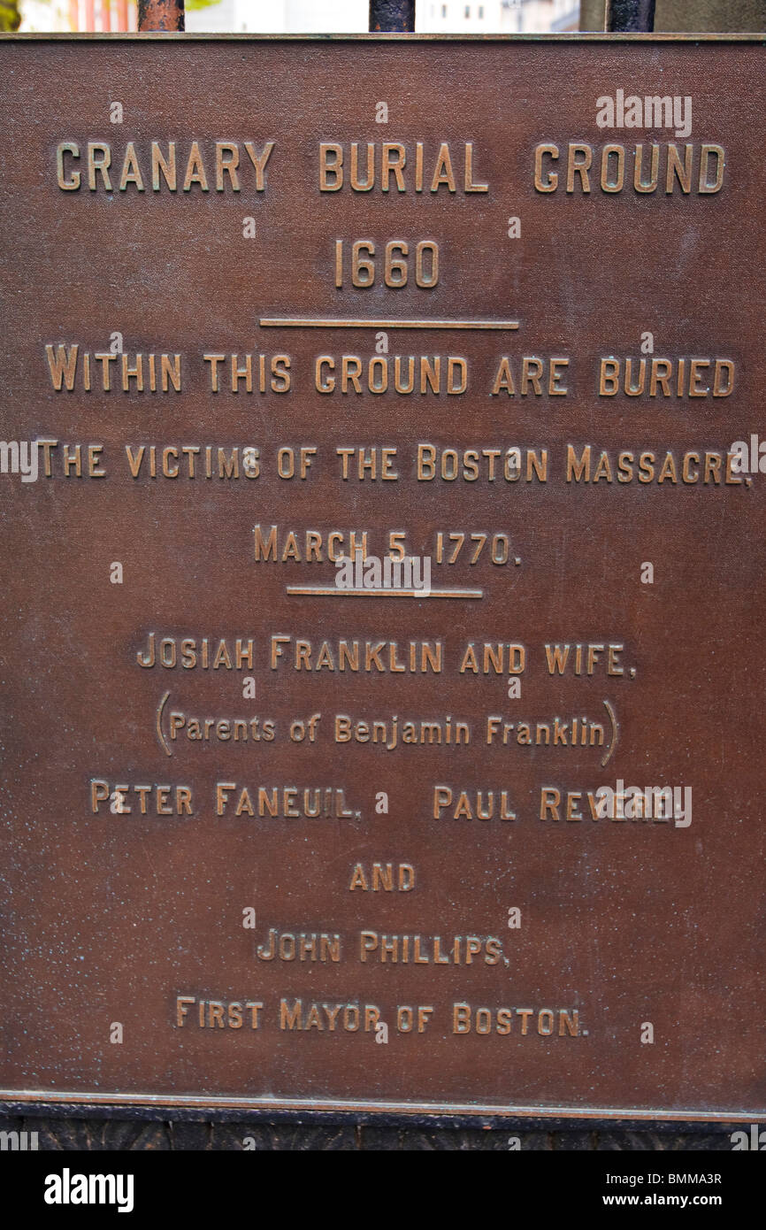 Memorial plaque at the Granary Burial Ground on the Freedom Trail, Boston, Massachusetts Stock ...