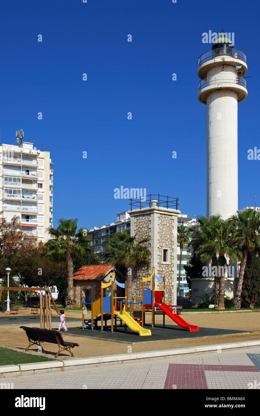 Lighthouse, promenade and children’s playground, Torre del Mar, Costa ...