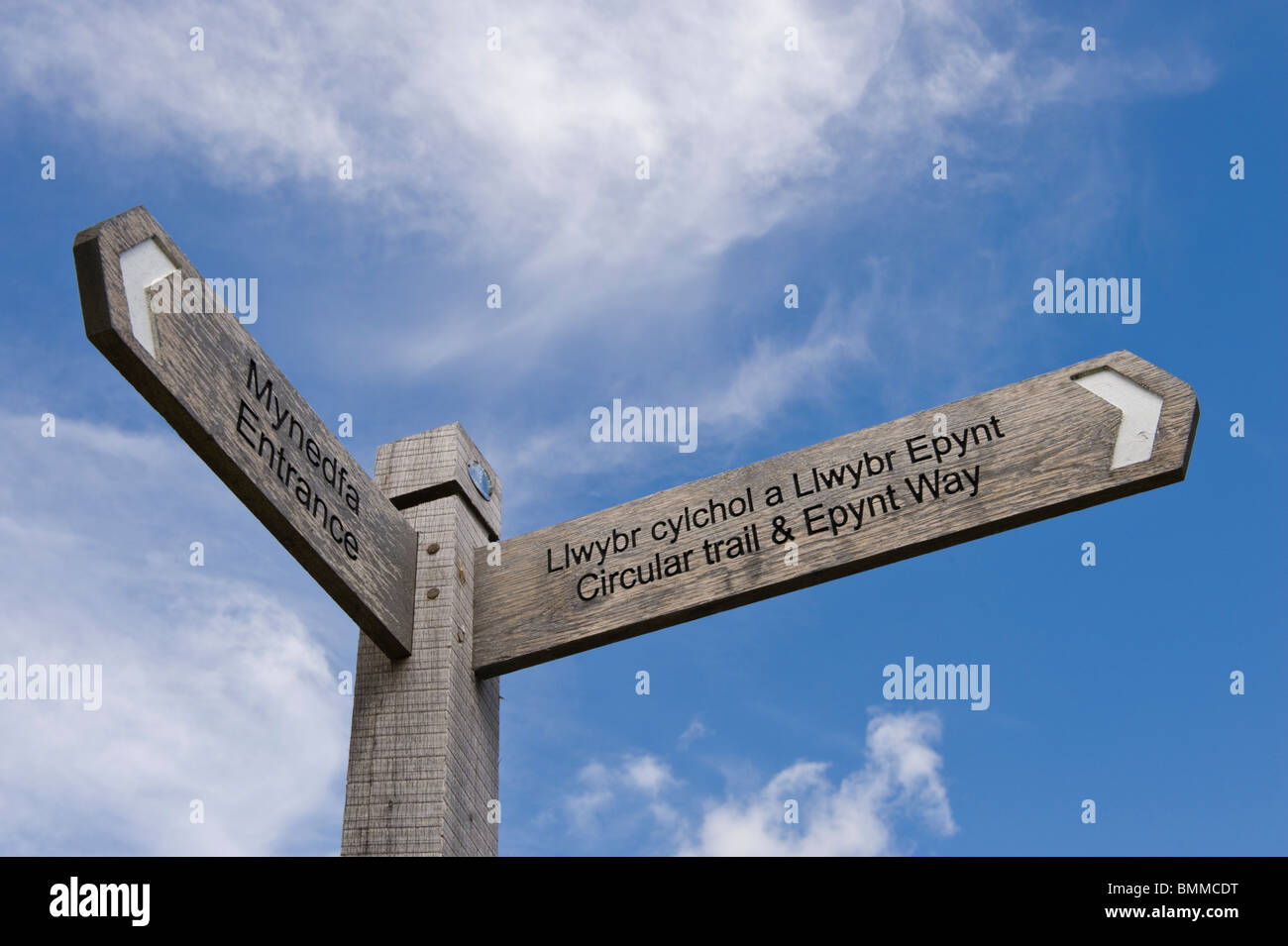 Bilingual Welsh English language wooden signpost on the Epynt military ...