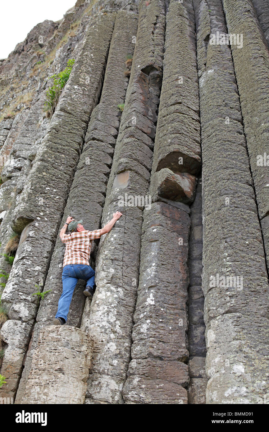 a man pretending to climb the basalt columns of the Giant´s Causeway ...