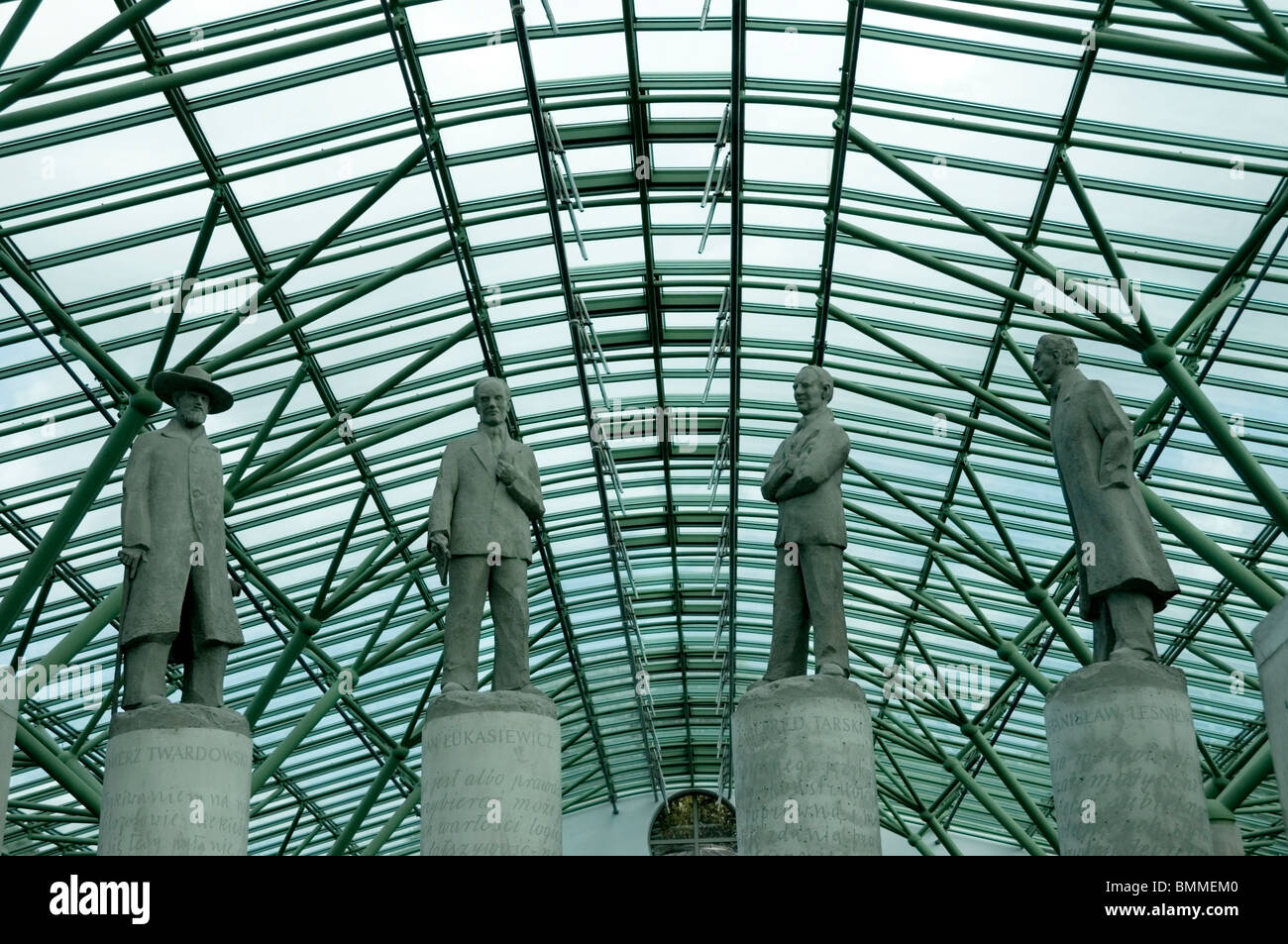 Close-up sculptures columns of famous Poles pioneers in logic in the ...