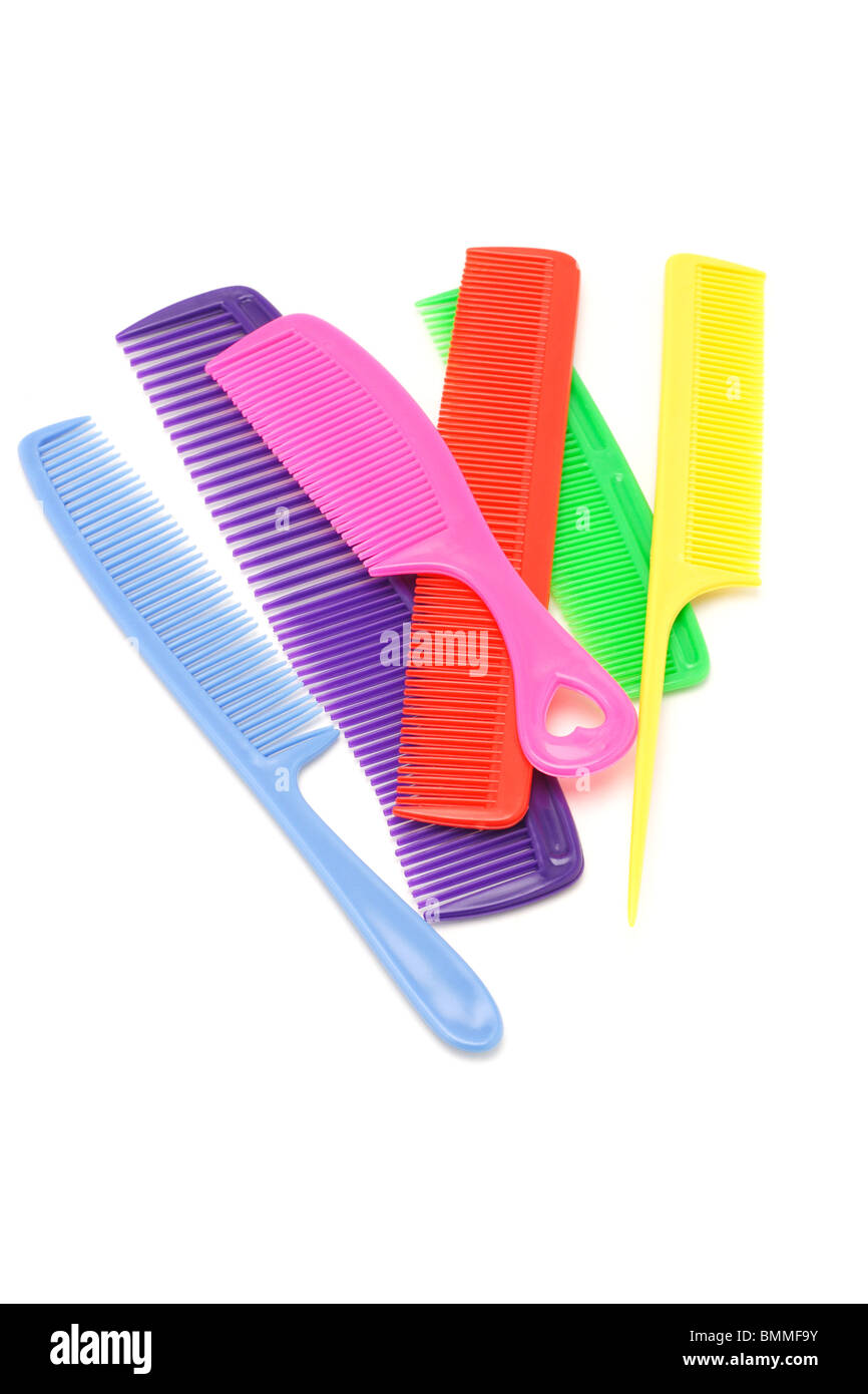 Assortment of colorful plastic combs on white background Stock Photo ...