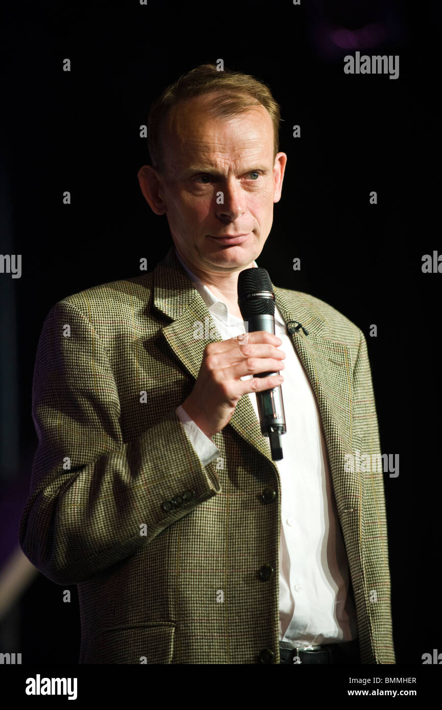 Andrew Marr BBC political journalist pictured speaking on stage at Hay ...