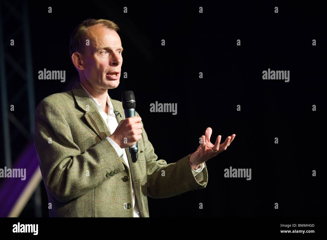 Andrew Marr BBC political journalist pictured speaking on stage at Hay ...