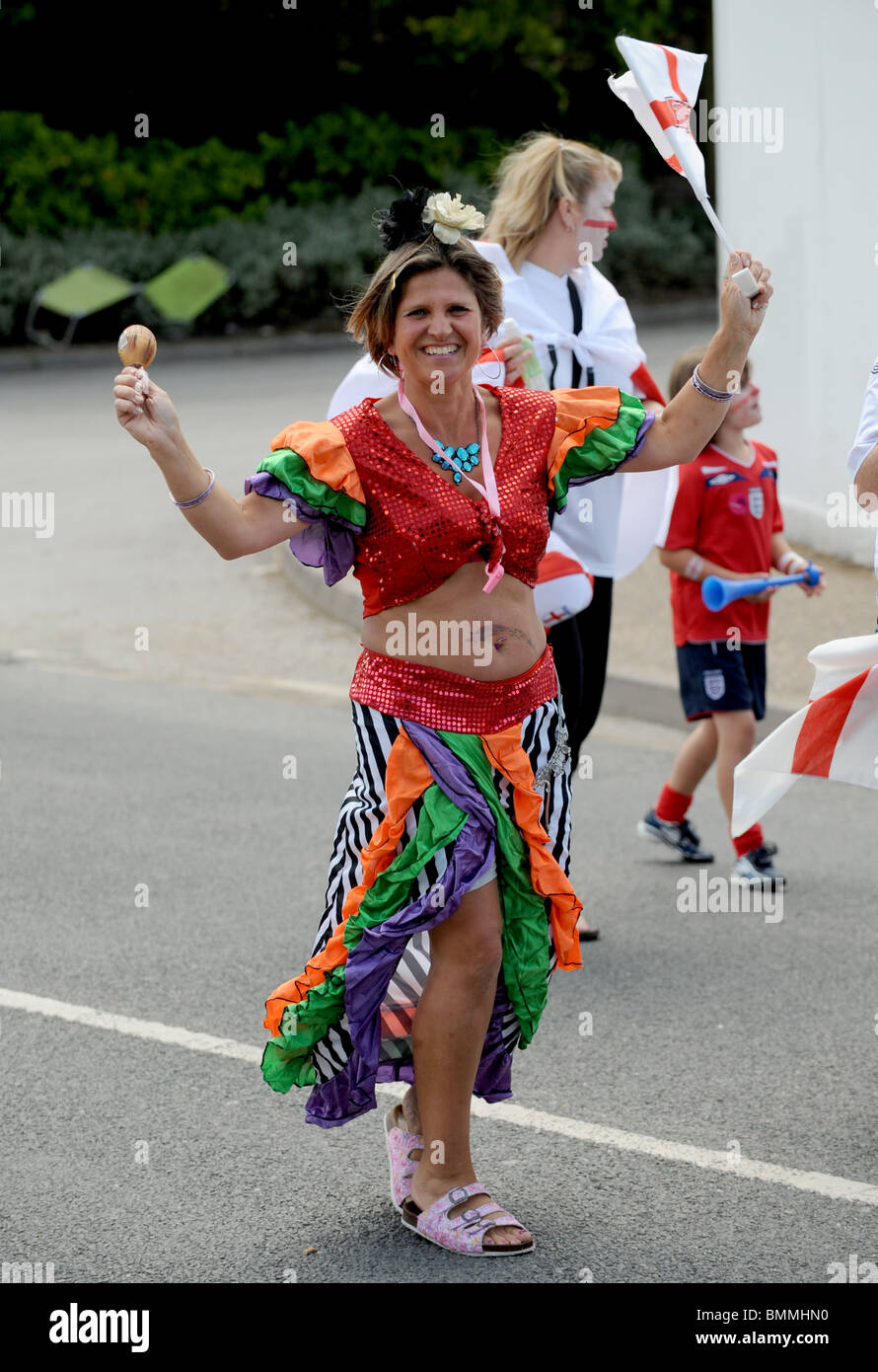 Woman wearing colourful costume at Durrington Carnival in Worthing UK ...
