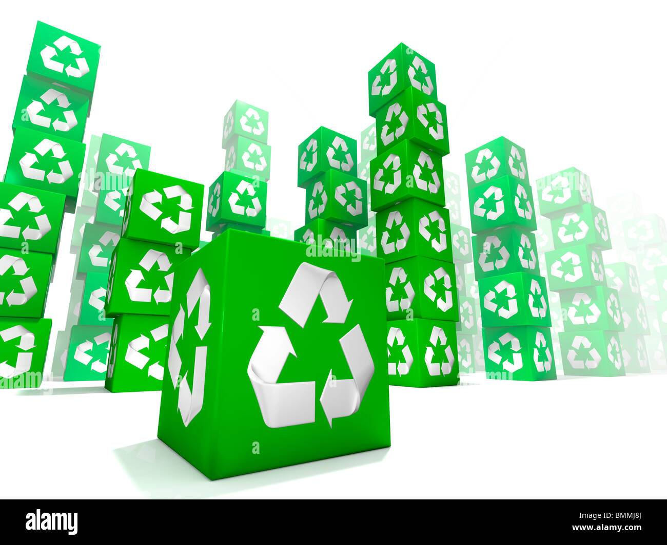 This is a many box stacking with white and green recycle sign on each ...