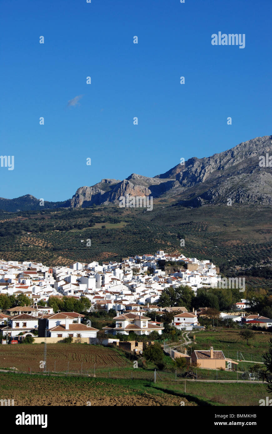 View of the village with mountain to the rear, whitewashed village, El ...