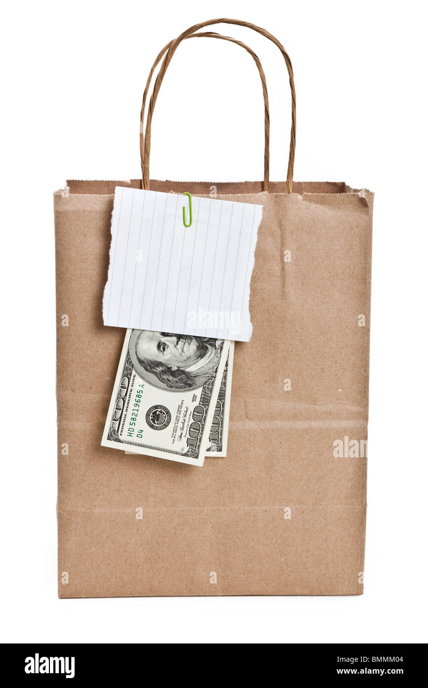 Brown paper shopping bag and note paper Stock Photo - Alamy