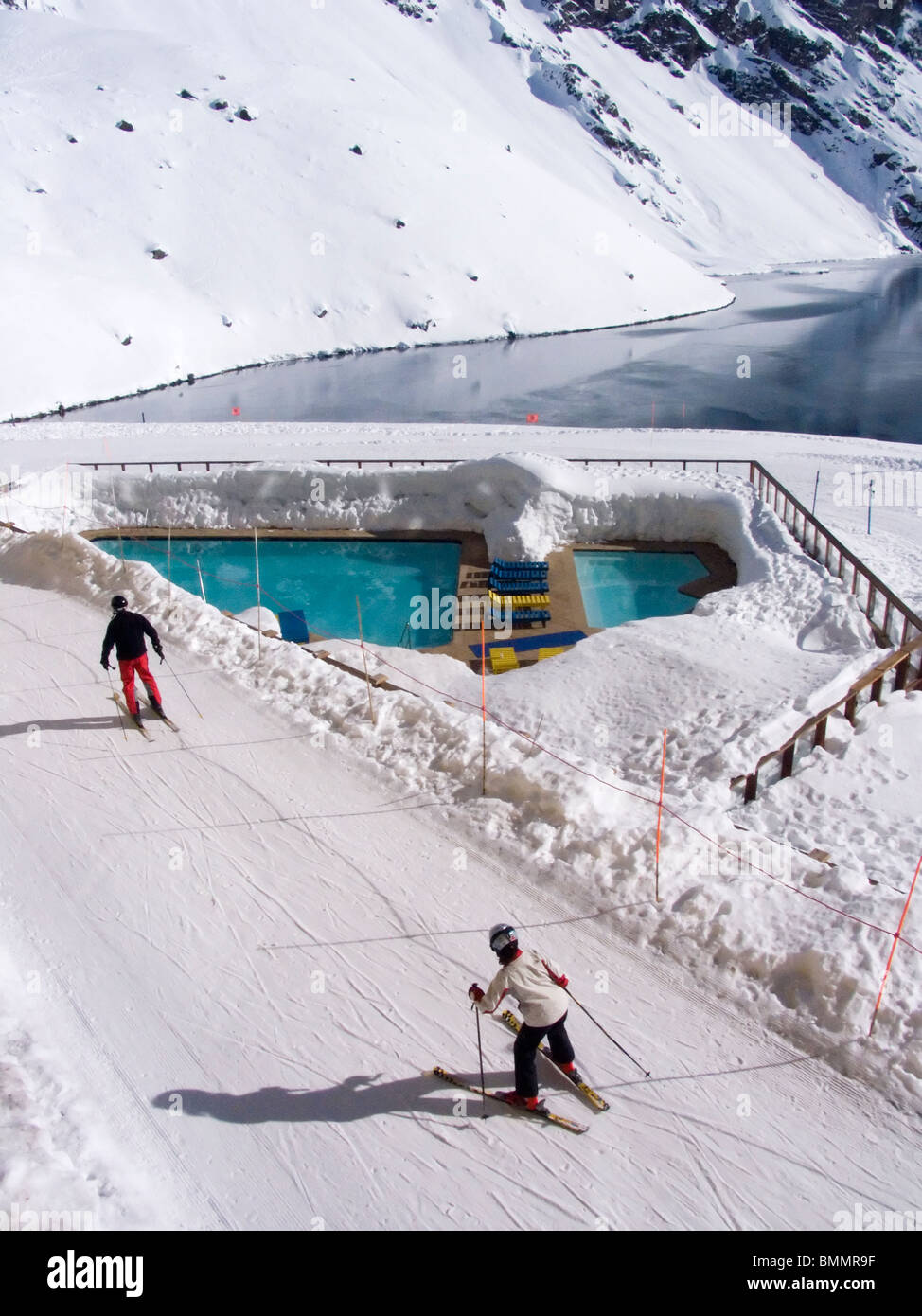 A heated water pool at the foot of the ski slopes, Portillo, Chile ...