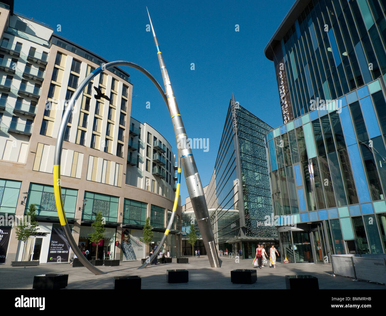 People in Cardiff City Centre blue sky St Davids 2 shopping centre area ...