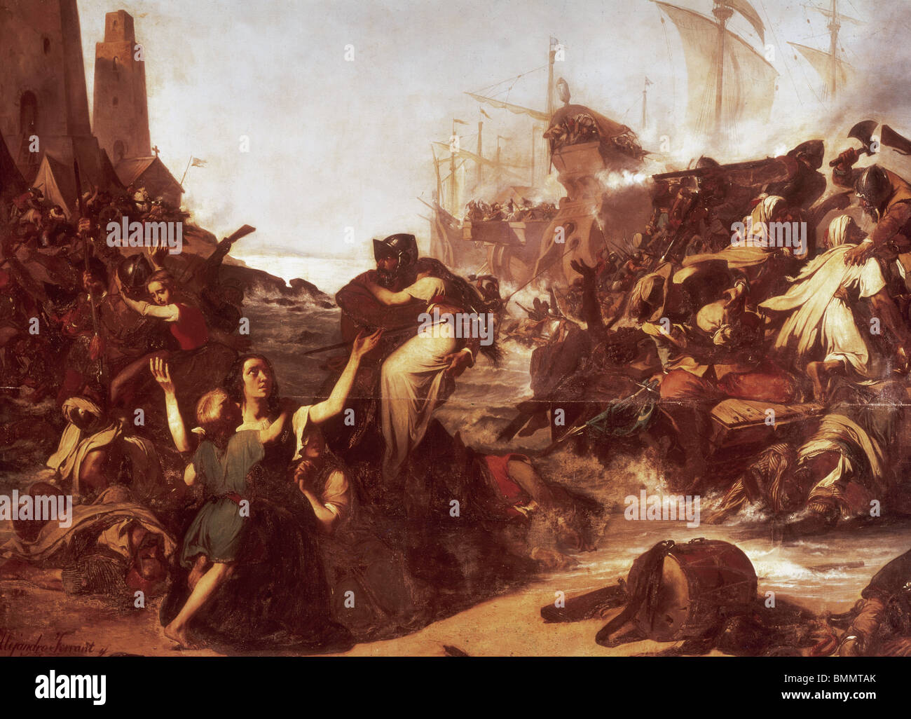 Action of weapons of Cadiz against the Moors in 1574. Barbary pirates ...