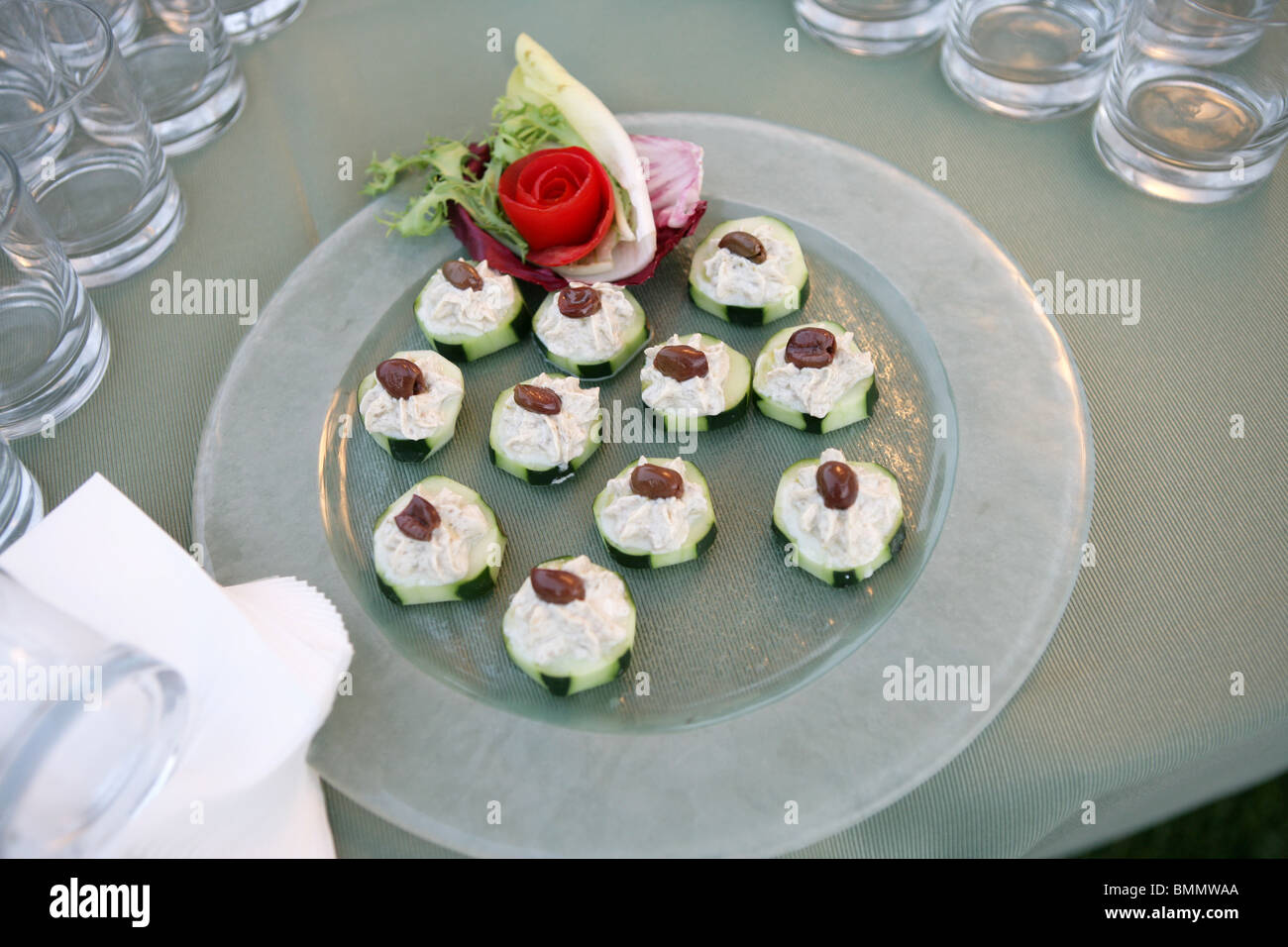 finger food showed in a mirror plate as appetizer, Italian food Stock ...