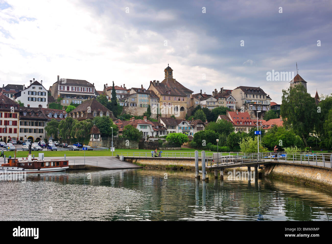 The Swiss town of Murten, as seen from the lake Stock Photo - Alamy