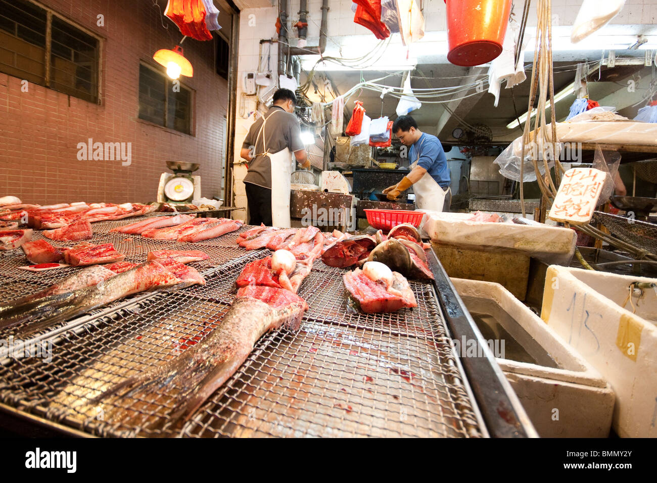 Fishes and seafood on display in shop in fish market in Hong Kong Stock ...