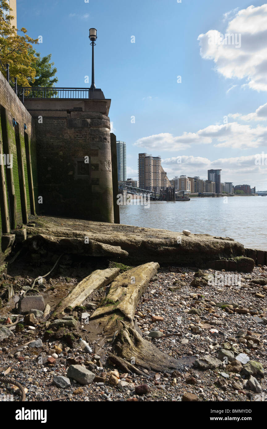 River Thames, river wall, foreshore and new riverside residential ...