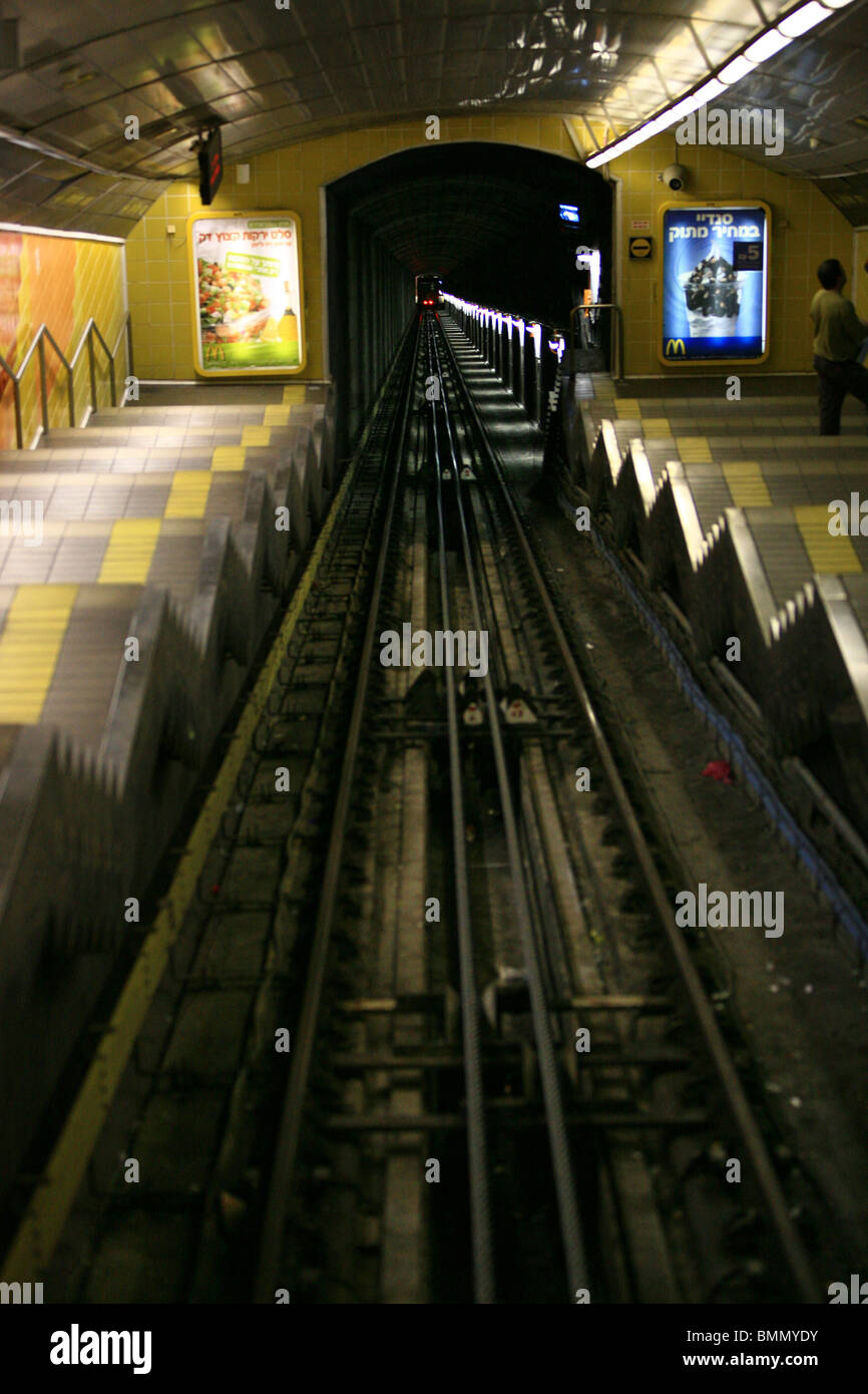 The underground funicular railway, the Carmelit, at the city of Haifa ...