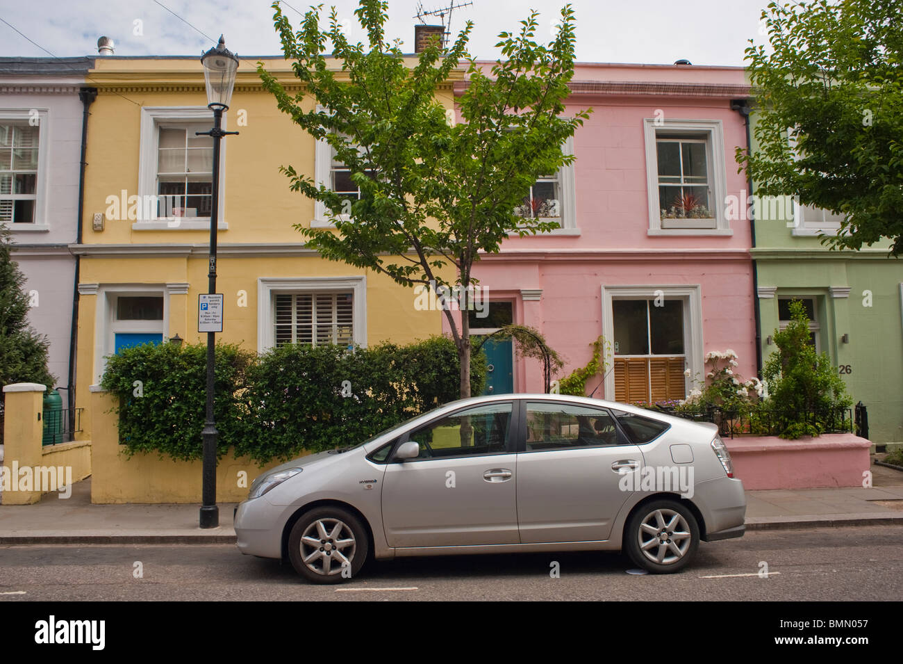 London, England, UK, Street Scene, Colorful Townhouses with Parked Car ...