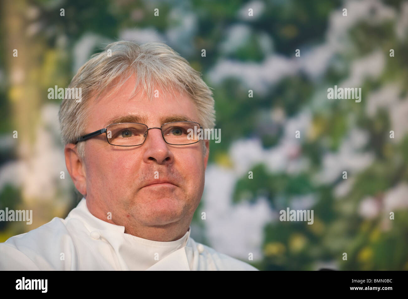 Bryan Webb Michelin star Welsh chef pictured speaking on stage at Hay ...