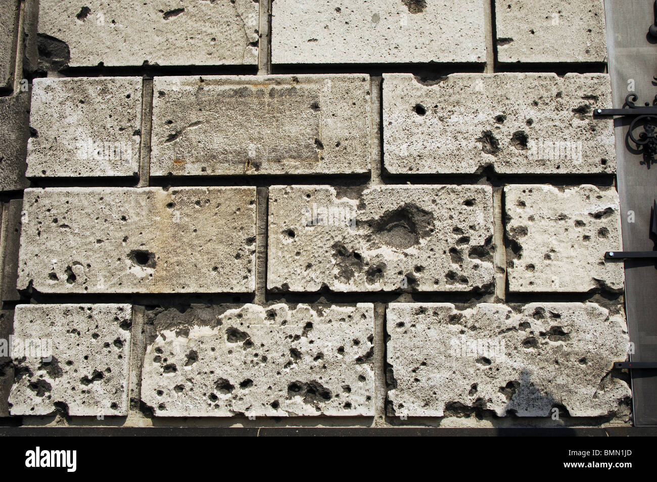 WORLD WAR II (1939-1945). Building affected by shrapnel during the war ...