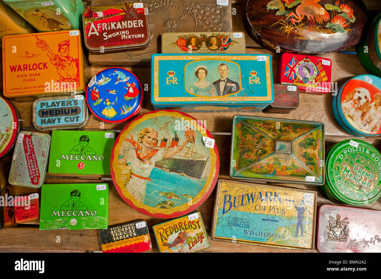 London, England, UK, Close up, Antique Boxes On Display at Thrift ...