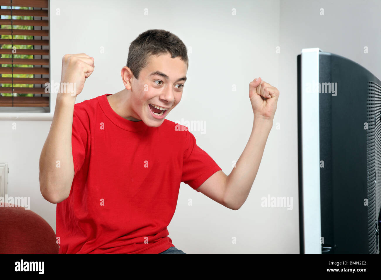 Young fan cheering at football or soccer on tv Stock Photo - Alamy