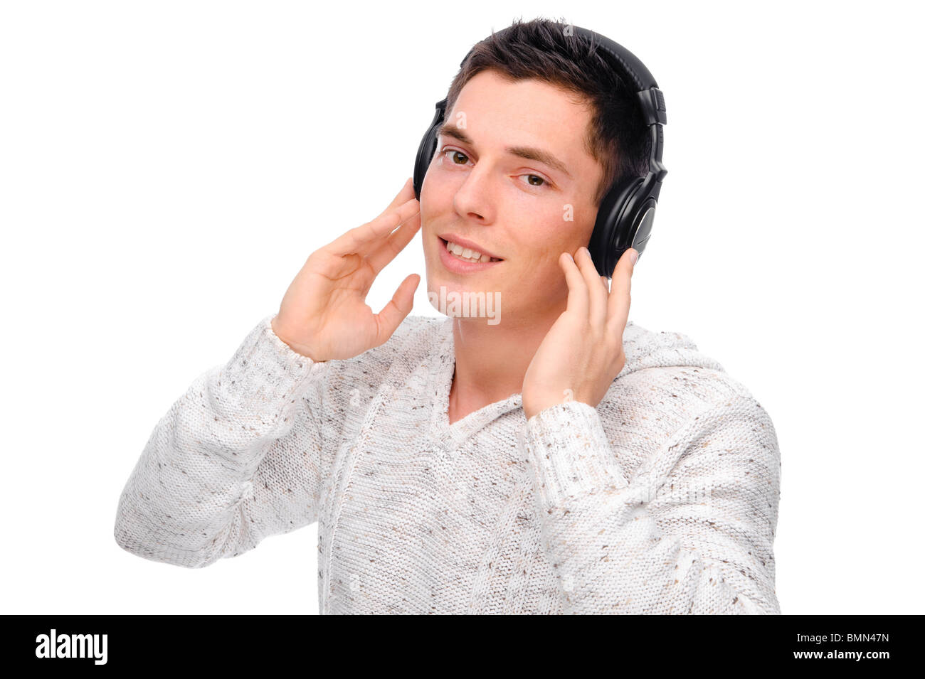Full isolated studio picture from a young man with headphone Stock ...