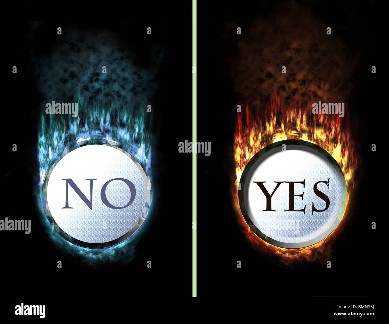 Unpressed ice no button and pressed hot yes button on black background ...