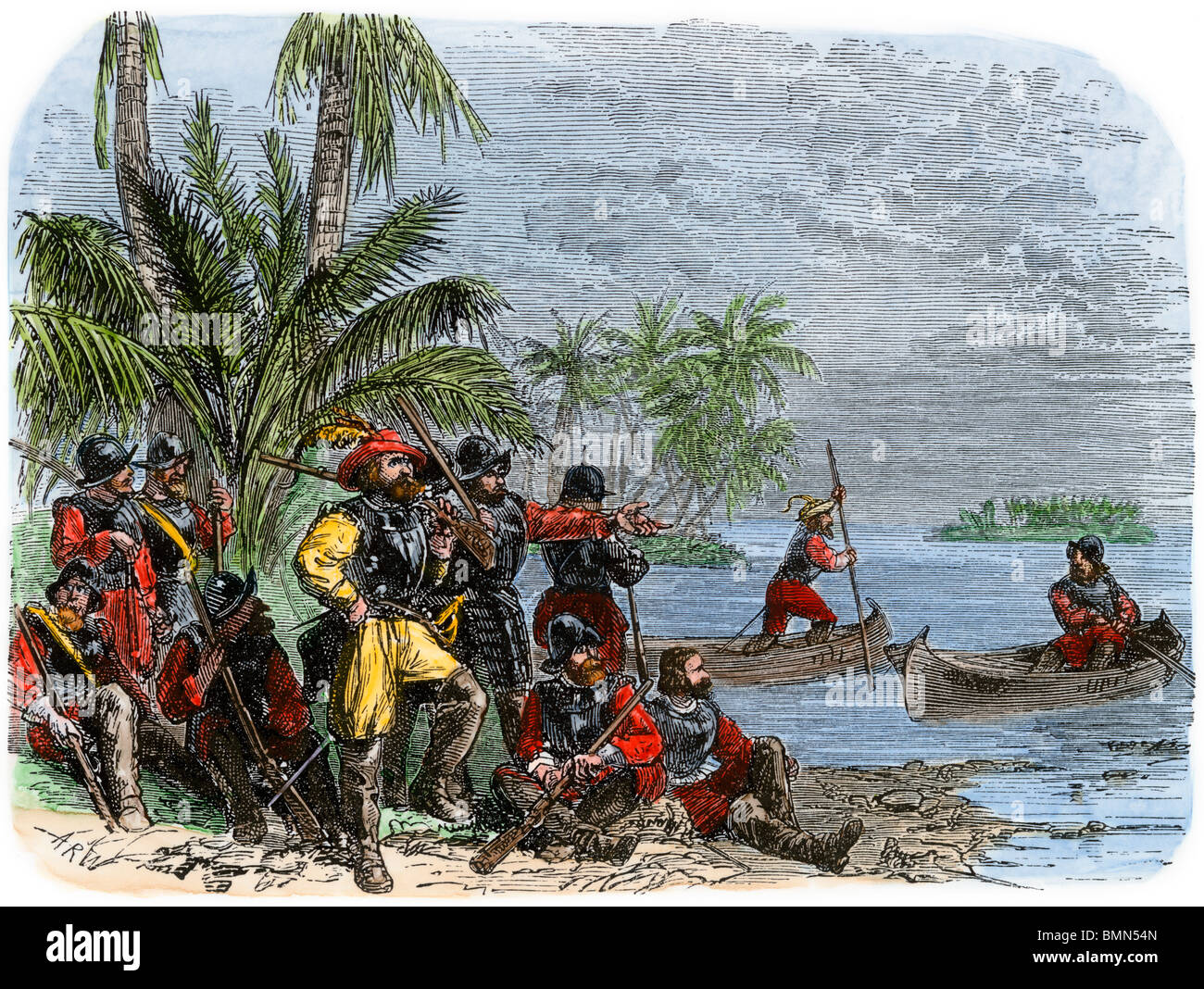 Balboa's first embarkation on the Pacific Ocean (South Sea), 1513. Hand ...