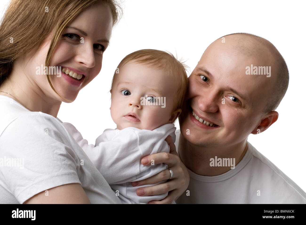 Happy smiling parents with kid look in camera, isolated on white Stock ...