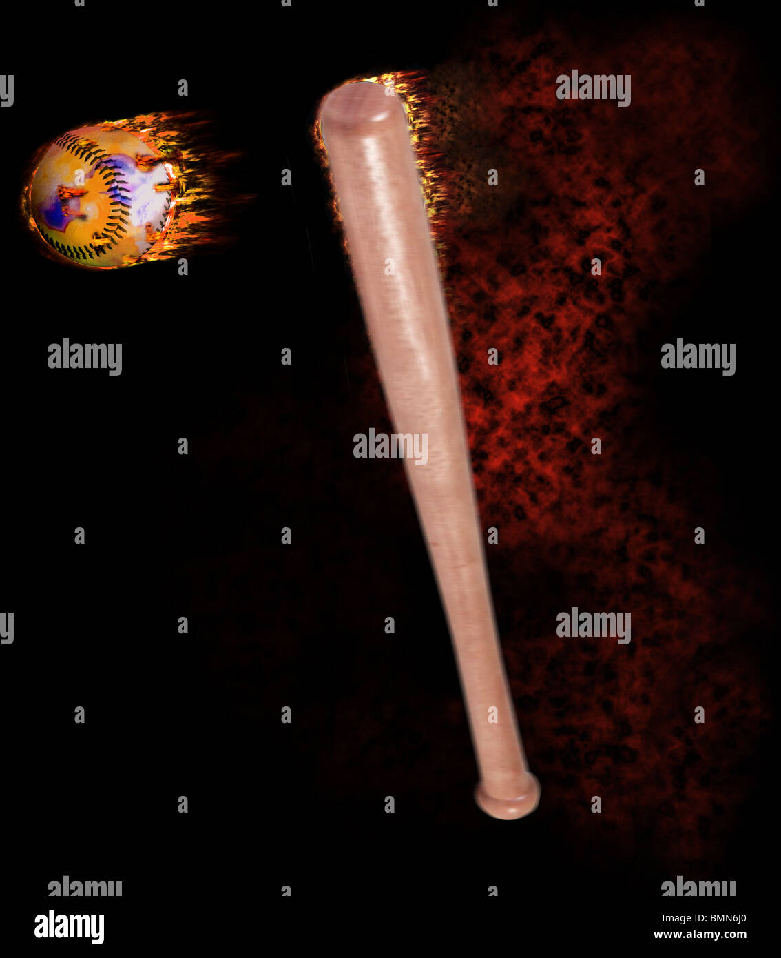 baseball bat hits ball with fire and flames Stock Photo - Alamy