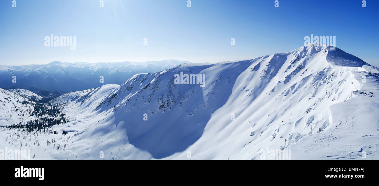 Winter panorama of Western Sayan Mountains. Siberia. Russia Stock Photo ...