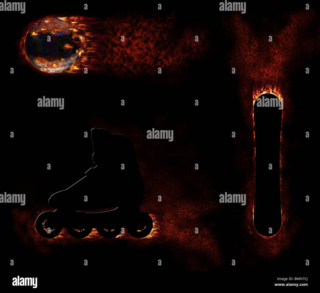 Football, Snowboard and roller skate shoe burning with flames and fume ...
