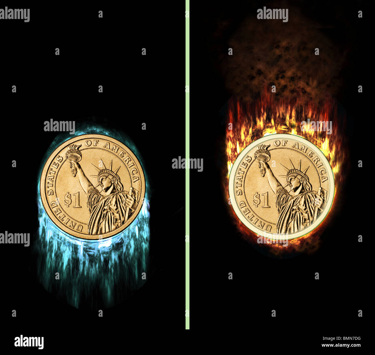 dollar coin with fire flames and icicles, e.g. as button Stock Photo ...
