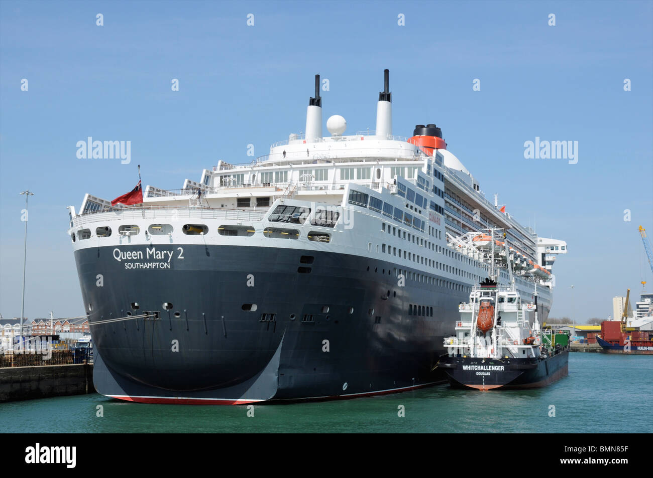 RMS Queen Mary 2 of the Cunard fleet moored at Southampton Docks ...